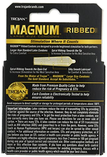 TROJAN Magnum Ribbed Condoms, Unscented, 3 Count