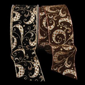 the ribbon people wired black velvet with gold and silver glitter swirl 3" x 20 yards