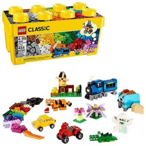 lego classic medium creative brick box 10696 building toy set - featuring storage, includes train, car, and a tiger figure, and playset for kids, boys, and girls ages 4-99