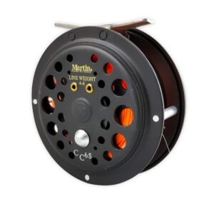 martin caddis creek fly fishing reel, size 6/5 single action fly reel with rim-control, changeable right- or left-hand retrieve, lightweight aluminum spool, brown, 63