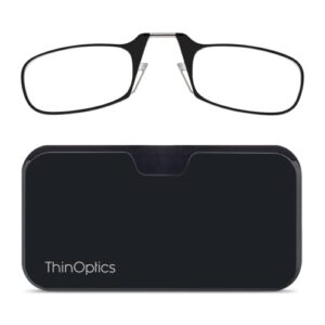 thinoptics universal pod rectangular reading glasses, black frames, black case, 44 mm + 1.5