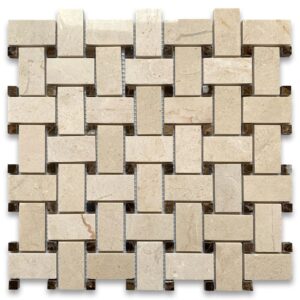 stone center online crema marfil marble 1x2 basketweave mosaic tile w/emperador dark brown dots polished kitchen bath wall floor backsplash shower (1 sheet)