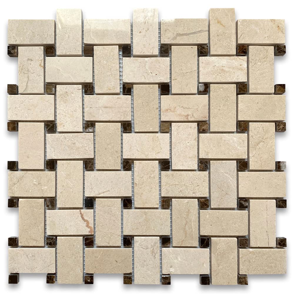 Stone Center Online Crema Marfil Marble 1x2 Basketweave Mosaic Tile w/Emperador Dark Brown Dots Polished Kitchen Bath Wall Floor Backsplash Shower (1 Sheet)