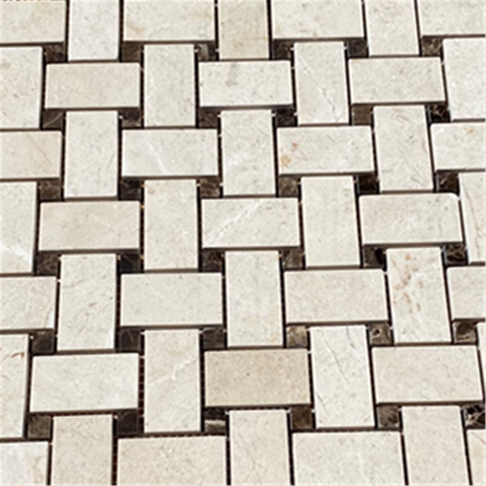 Stone Center Online Crema Marfil Marble 1x2 Basketweave Mosaic Tile w/Emperador Dark Brown Dots Polished Kitchen Bath Wall Floor Backsplash Shower (1 Sheet)