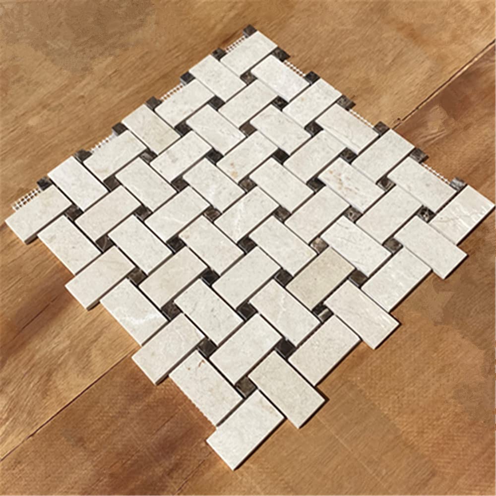 Stone Center Online Crema Marfil Marble 1x2 Basketweave Mosaic Tile w/Emperador Dark Brown Dots Polished Kitchen Bath Wall Floor Backsplash Shower (1 Sheet)