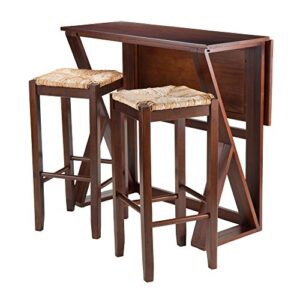 winsome 3-piece harrington drop leaf high table with 2 rush seat stools, 29-inch, brown