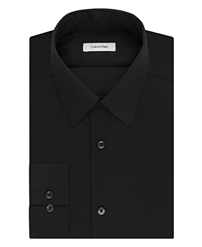 Calvin Klein Men's Dress Shirt Slim Fit Non Iron Herringbone, Black, 14.5" Neck 32"-33" Sleeve (Small)