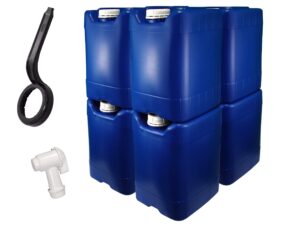 5 gallon samson stackers, blue, 8 pack (40 gallons), emergency water storage kit - new! - boxed! includes 1 spigot and cap wrench