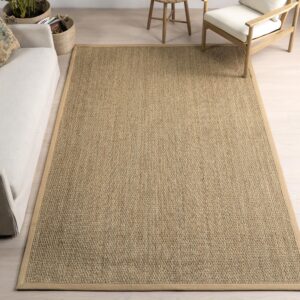 nuloom 8x10 elijah seagrass area rug, beige, solid farmhouse style, cotton bordered, basketweave, natural fiber, for bedroom, dining room, living room, hallway, office, kitchen, entryway