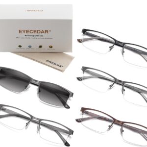 EYECEDAR 5-Pack Reading Glasses for Men Rectangular Metal Half-Frame Spring Hinges with Sun Readers Glasses Mens Readers 1.5