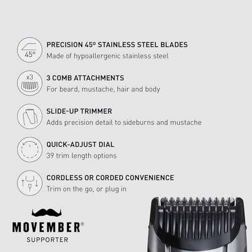 Panasonic Multi-Groomer Men’s Trimmer for Beard, Hair and Body, 39 Trim Length Settings with 3 Attachments, Corded/Cordless Operation – ER-GB80-S (Silver)