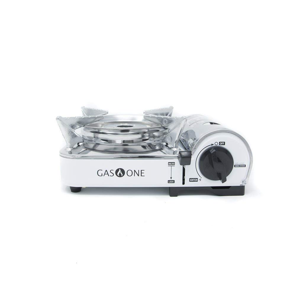 Gas One GS-800 Emergency Gear Camping Mini Butane Portable Gas Stove with Carrying Case, stainless steel, white