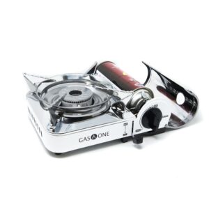 Gas One GS-800 Emergency Gear Camping Mini Butane Portable Gas Stove with Carrying Case, stainless steel, white