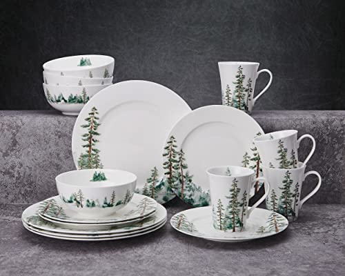 Mikasa Watercolor Forest Chip Resistant 16 Piece Dinnerware Set, Service for 4 White