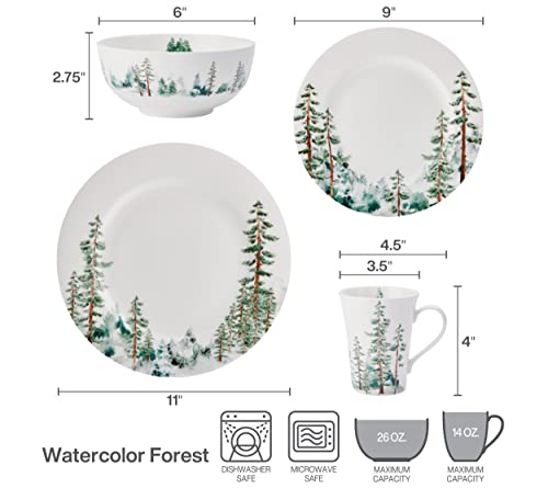 Mikasa Watercolor Forest Chip Resistant 16 Piece Dinnerware Set, Service for 4 White