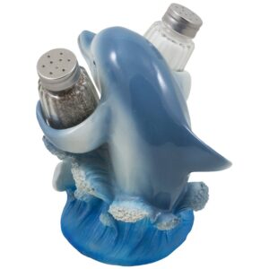 Dolphin Riding Ocean Wave Salt and Pepper Shaker Set with Figurine Holder in Decorative Tropical Kitchen Decor Spice Racks & Porpoise Display Stands or Beach Bar As Gifts for Dolphin Lovers