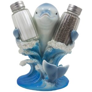 Dolphin Riding Ocean Wave Salt and Pepper Shaker Set with Figurine Holder in Decorative Tropical Kitchen Decor Spice Racks & Porpoise Display Stands or Beach Bar As Gifts for Dolphin Lovers