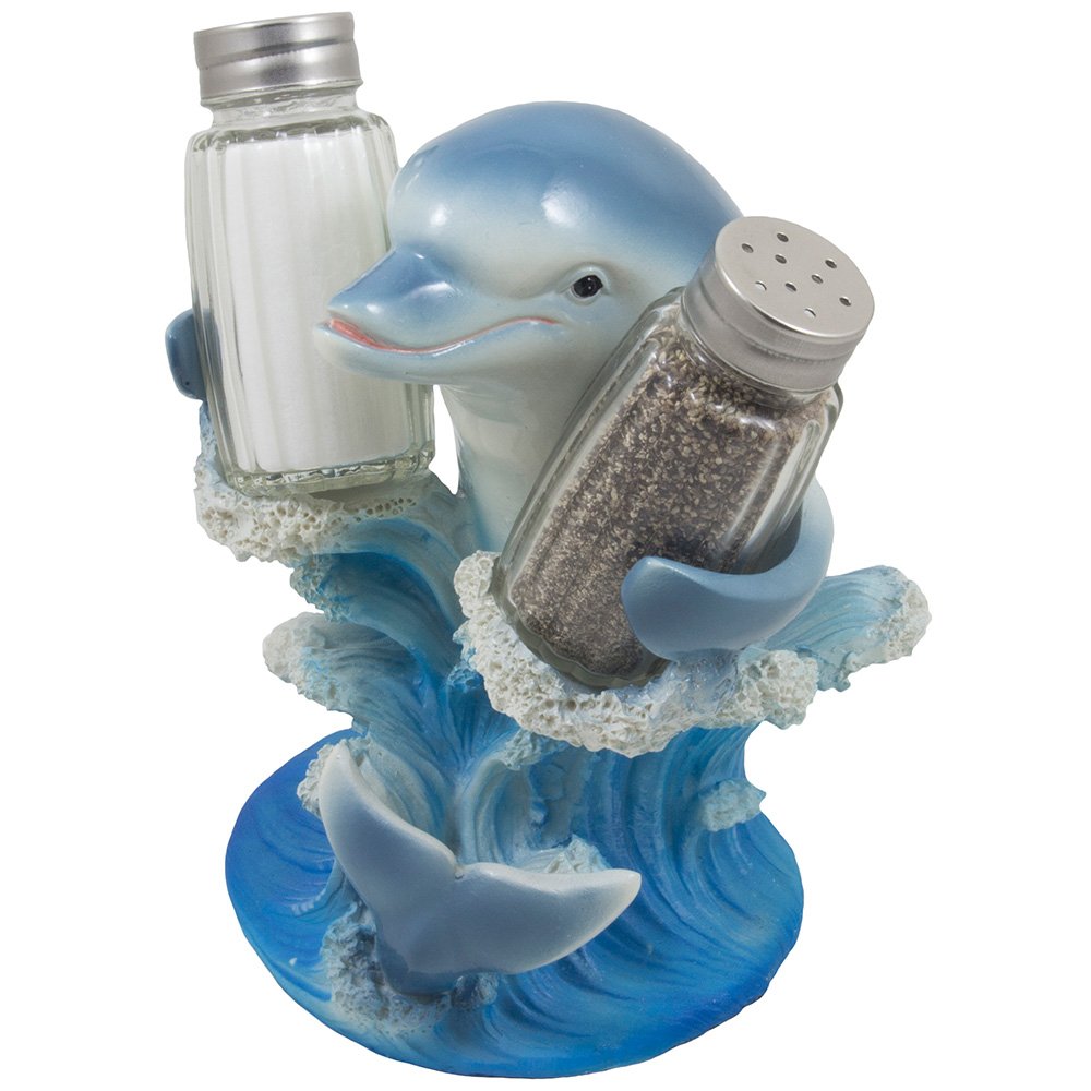 Dolphin Riding Ocean Wave Salt and Pepper Shaker Set with Figurine Holder in Decorative Tropical Kitchen Decor Spice Racks & Porpoise Display Stands or Beach Bar As Gifts for Dolphin Lovers