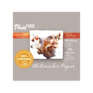 fluid 100 artist watercolor block, 140 lb (300 gsm) 100% cotton cold press pad for watercolor painting and wet media w/easy block binding, 6 x 6 inches, 15 sheets