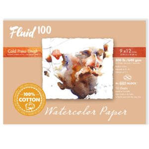 fluid 100 artist watercolor block, 300 lb (640 gsm) 100% cotton cold press pad for watercolor painting and wet media w/easy block binding, 9 x 12 inches, 10 sheets