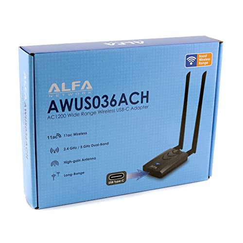 Alfa Long-Range Dual-Band AC1200 Wireless USB 3.0 Type-C Wi-Fi Adapter w/2x 5dBi External Antennas – 2.4GHz 300Mbps/5GHz 867Mbps – 802.11ac & A, B, G, N