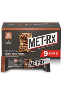 met-rx big 100 colossal protein bars, great as healthy meal replacement, snack, and help support energy, peanut butter pretzel, with vitamin a, vitamin c, and zinc, 100 g, (pack of 9)