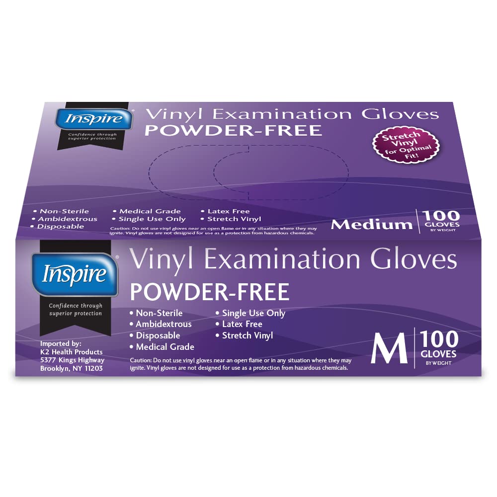 Inspire Medical Gloves Exam Gloves | Powder Free Stretch Vinyl Gloves | Disposable Gloves Disposable Latex Free Gloves | Cooking Gloves Disposable Food Safe Food Prep Gloves Plastic Gloves Disposable