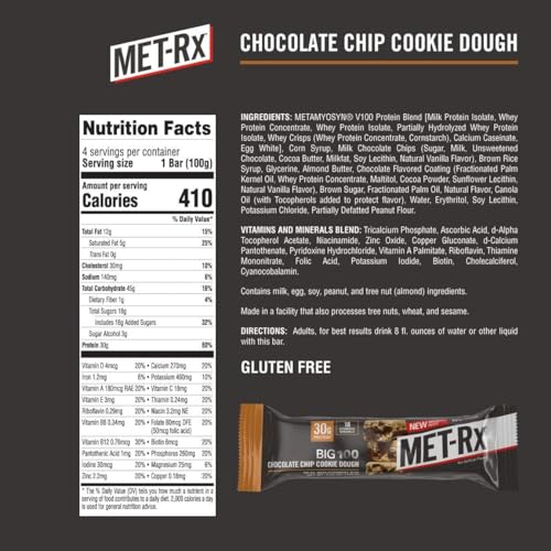 MET-Rx Big 100 Colossal Protein Bars, Chocolate Chip Cookie Dough Meal Replacement Bars, 9 Count (Pack of 1)