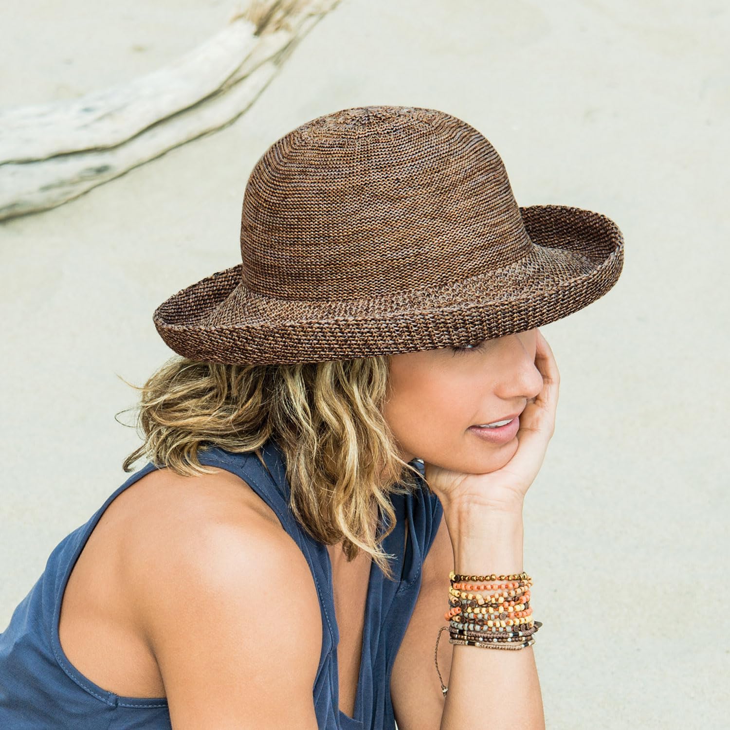 Wallaroo Hat Company Women’s Petite Victoria Sun Hat – Packable Design and Adjustable Sizing for Smaller Crown Sizes – Sophisticated Style for Parties, Beach and Outdoor Events (Mixed Camel)