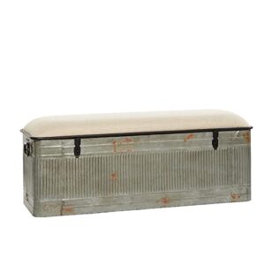 deco 79 metal room storage bench galvanized entryway bench with cream burlap top, bench 50" x 16" x 18", gray