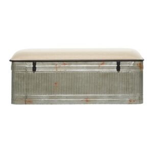 Deco 79 Metal Room Storage Bench Galvanized Entryway Bench with Cream Burlap Top, Bench 50" x 16" x 18", Gray