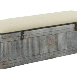 Deco 79 Metal Room Storage Bench Galvanized Entryway Bench with Cream Burlap Top, Bench 50" x 16" x 18", Gray