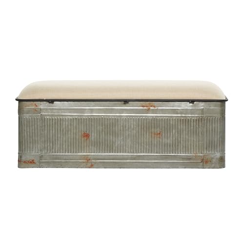 Deco 79 Metal Room Storage Bench Galvanized Entryway Bench with Cream Burlap Top, Bench 50" x 16" x 18", Gray