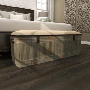 Deco 79 Metal Room Storage Bench Galvanized Entryway Bench with Cream Burlap Top, Bench 50" x 16" x 18", Gray