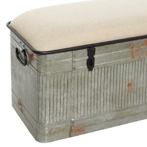 Deco 79 Metal Room Storage Bench Galvanized Entryway Bench with Cream Burlap Top, Bench 50" x 16" x 18", Gray