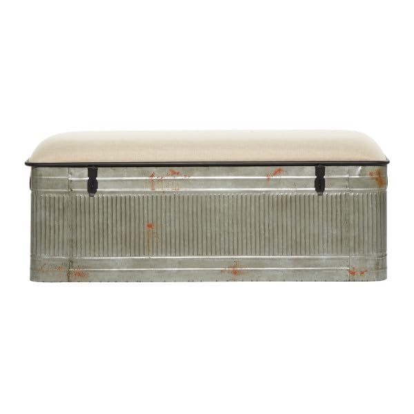 Deco 79 Metal Room Storage Bench Galvanized Entryway Bench with Cream Burlap Top, Bench 50" x 16" x 18", Gray