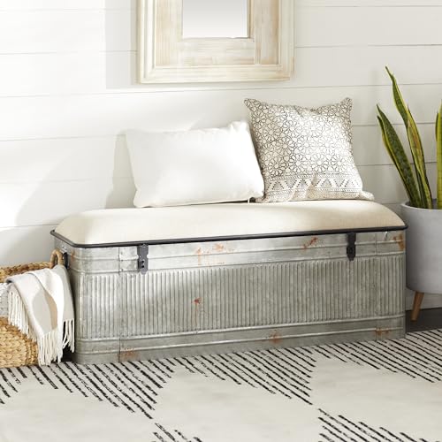 Deco 79 Metal Room Storage Bench Galvanized Entryway Bench with Cream Burlap Top, Bench 50" x 16" x 18", Gray