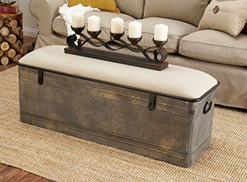 Deco 79 Metal Room Storage Bench Galvanized Entryway Bench with Cream Burlap Top, Bench 50" x 16" x 18", Gray