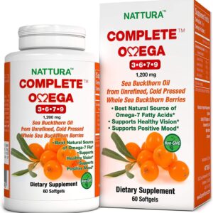 Complete Omega 3-6-7-9, Pure Sea Buckthorn Oil, European Quality, from Unrefined, Cold Pressed Whole Sea Buckthorn Wild Berries - Non-GMO, Certified Kosher, Gluten-Free 1 Bottle - 60 Capsules