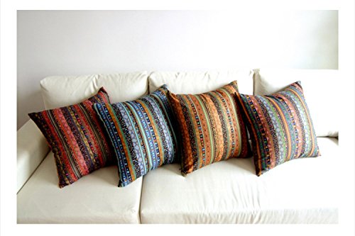 TAOSON Gold Stripe Bohemian Style Antique Cotton Blend Linen Sofa Throw Pillowcase Cushion Cover Pillow Cover with Hidden Zipper Closure Only Cover No Insert 24x24 Inch 60x60cm