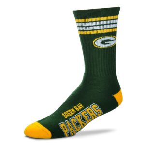 for bare feet nfl 4 stripe deuce crew sock, green bay packers, large