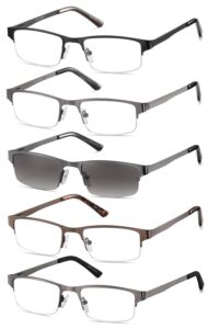 eyecedar 5-pack reading glasses for men rectangular metal half-frame spring hinges with sun readers glasses mens readers 1.50