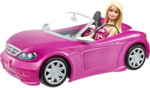 barbie doll & car playset, sparkly pink 2-seater toy convertible with glam details & fashion doll in sundress & sunglasses (amazon exclusive)