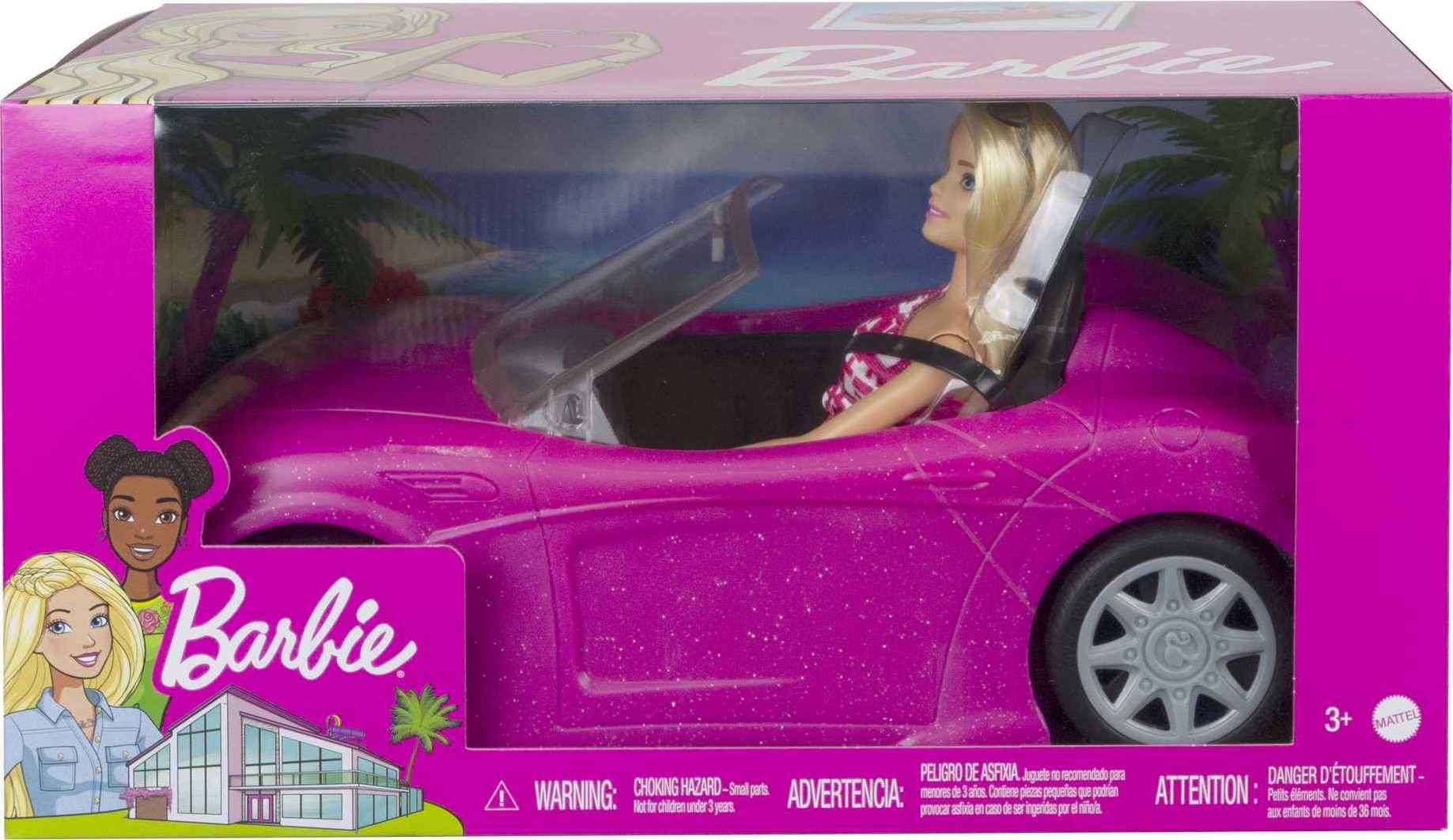 Barbie Doll & Car Playset, Sparkly Pink 2-Seater Toy Convertible with Glam Details & Fashion Doll in Sundress & Sunglasses (Amazon Exclusive)