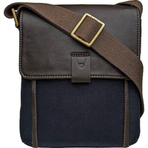 hidesign aiden genuine leather and canvas mini crossbody men/women messenger bag / travel bag / 10.5" ipad bag, blue