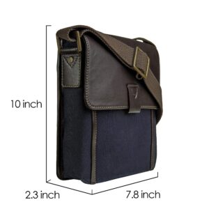 Hidesign Aiden Genuine Leather and Canvas Mini Crossbody Men/Women Messenger Bag / Travel Bag / 10.5" iPad Bag, Blue