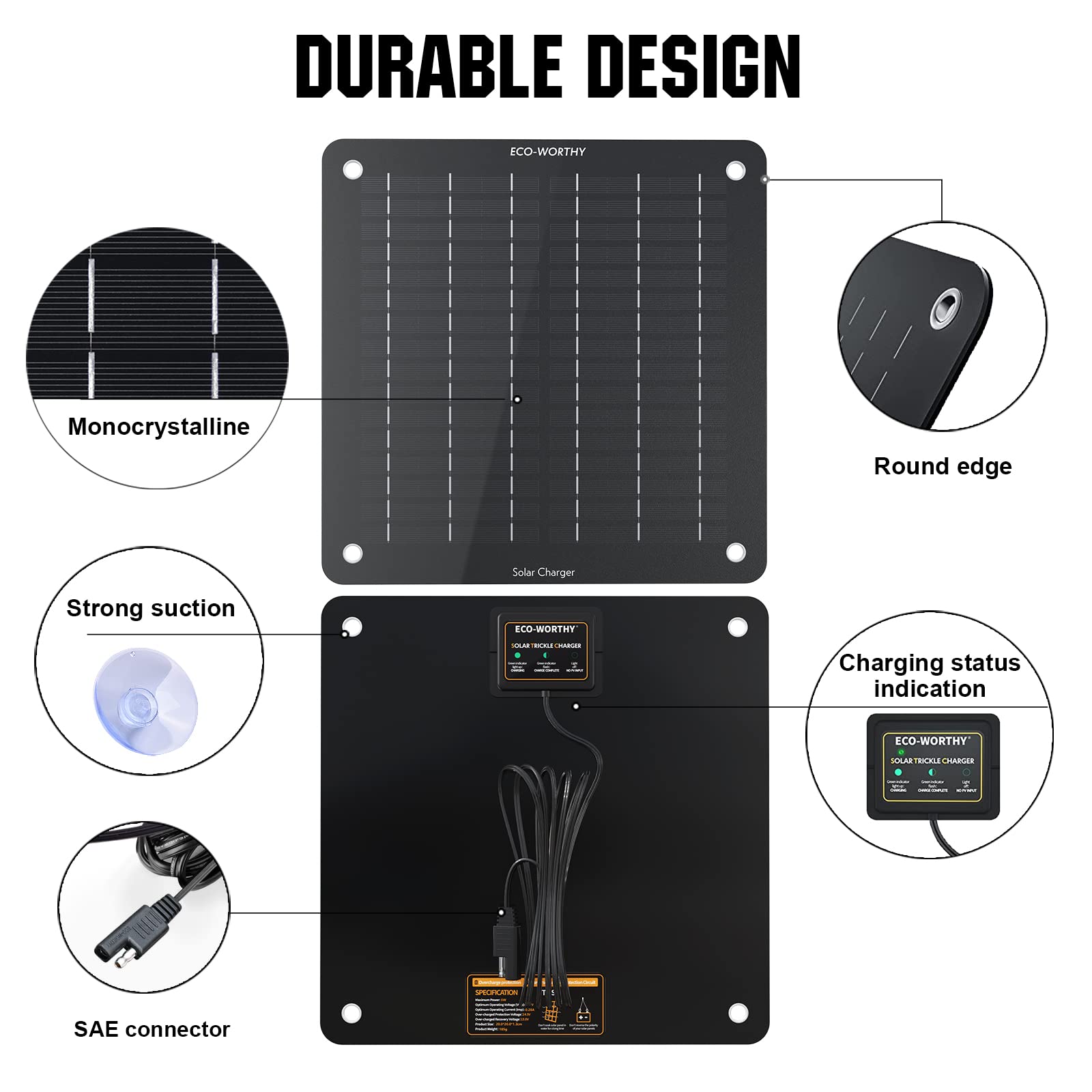 ECO-WORTHY Solar Car Battery & Trickle Charger 5W Solar Panel Power 12V Batteries Maintainer Portable Waterproof Built-in Blocking Diode for Automotive Lawn Mower Camping Car Boat Motorcycles Truck