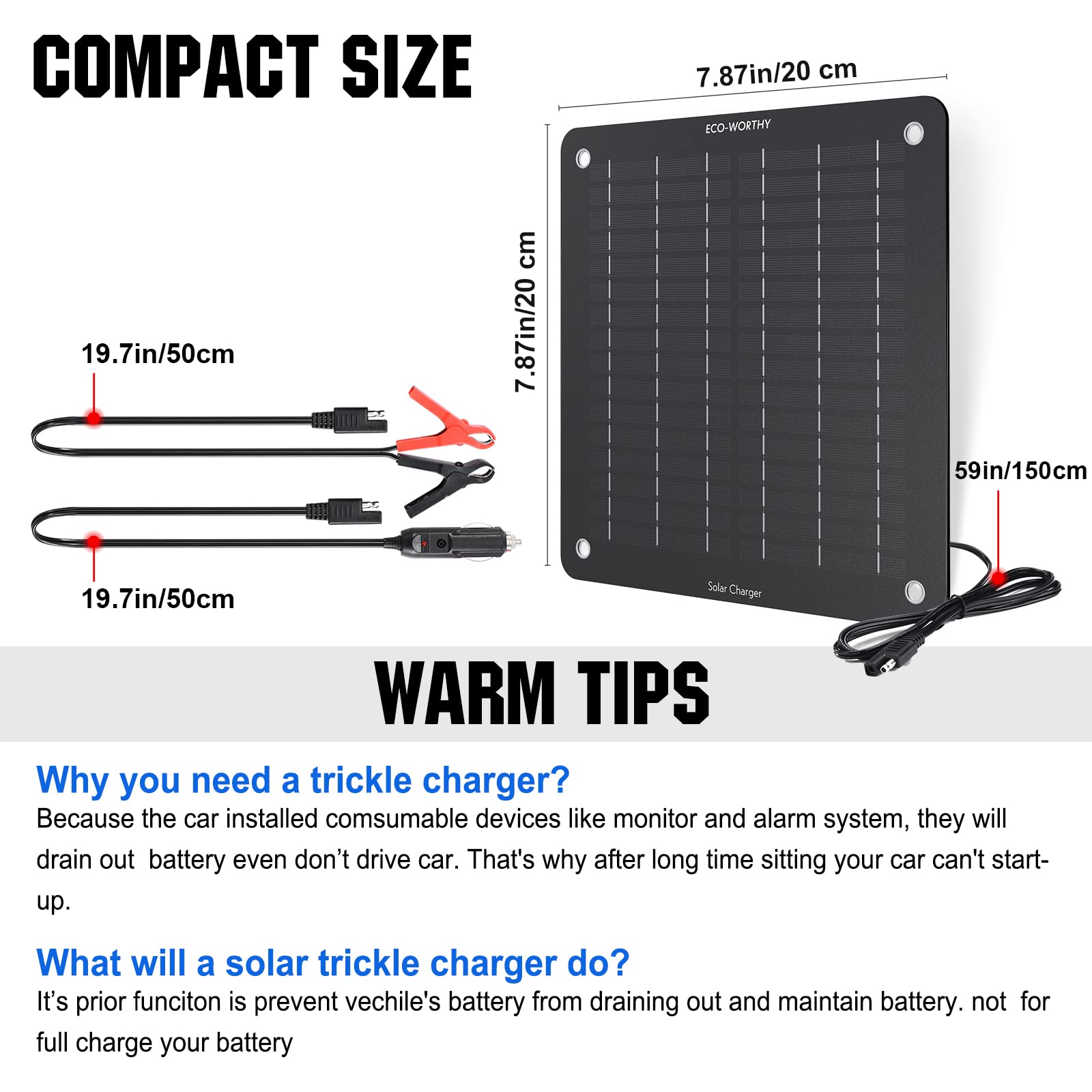 ECO-WORTHY Solar Car Battery & Trickle Charger 5W Solar Panel Power 12V Batteries Maintainer Portable Waterproof Built-in Blocking Diode for Automotive Lawn Mower Camping Car Boat Motorcycles Truck