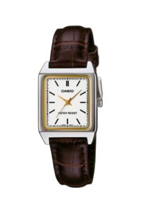 casio women analog quartz watch with leather strap ltp-v007l-7, brown/white, strap.