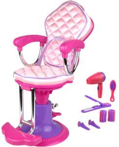 pretend play hair salon toy for girls, click n' play doll salon chair with 8 doll accessories - hair salon toys for girls: chair, hair brush, 2 hair clips, 2 curlers, girl gift ages 3+, pink & purple